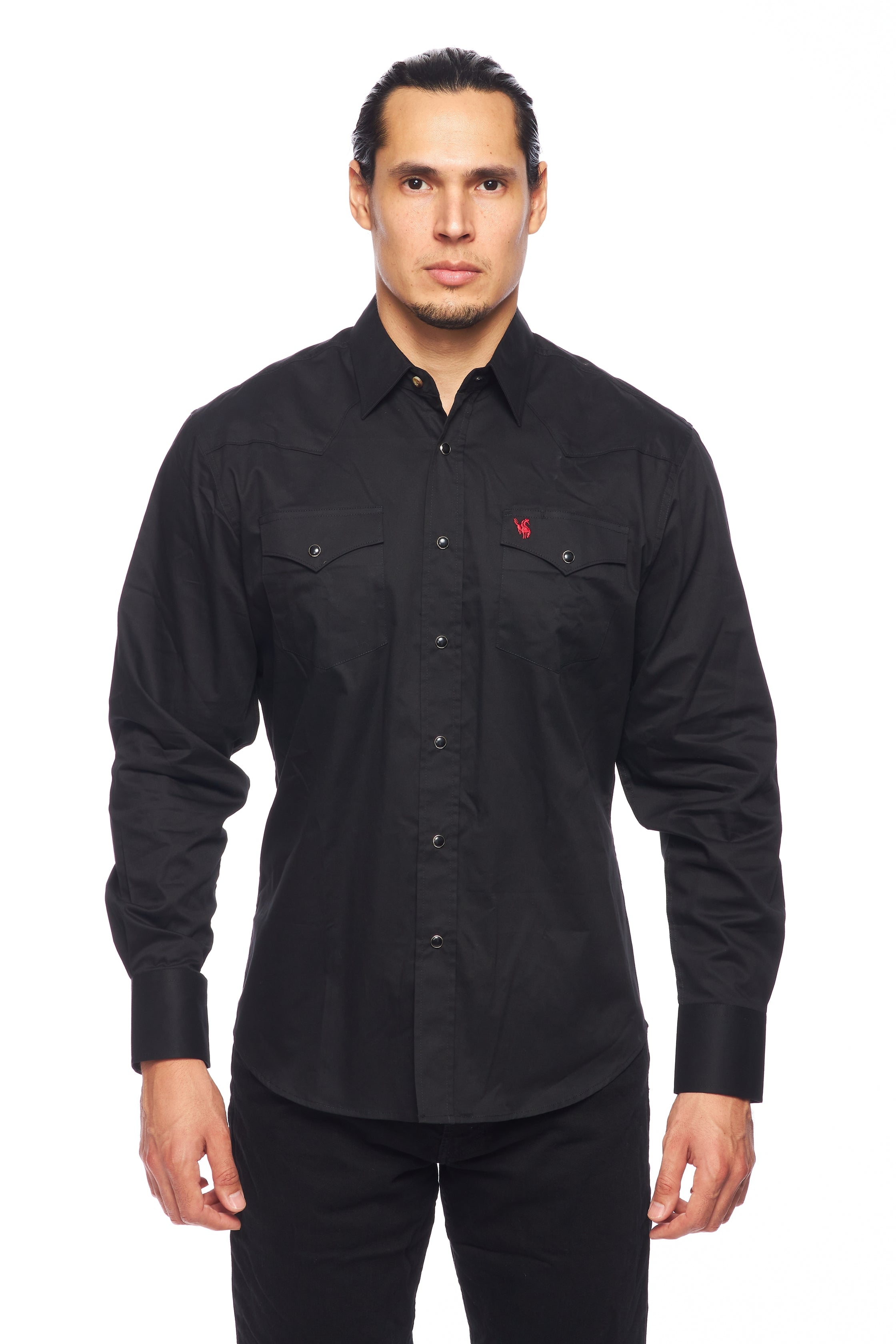 Men's Western Solid Twill Long Sleeves Snap Button Shirt AC108L-BLACK